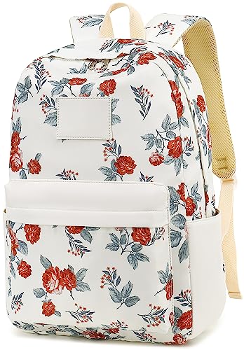 School Backpack for Teen Girls Bookbags Elementary High School Floral Laptop Bags Women Travel Daypacks (Rose Beige)