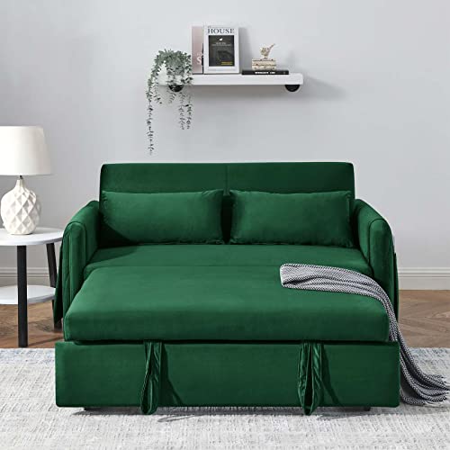 Antetek Sleeper Sofa Couch with Pullout Bed, 3 in 1 Convertible Loveseat Futon Sofa Couch, Small Love seat Lounge Chaise Arm Sofa with Reclining Backrest, Toss Pillow for Living Room, Green, 55"