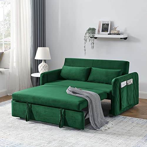 Antetek Sleeper Sofa Couch with Pullout Bed, 3 in 1 Convertible Loveseat Futon Sofa Couch, Small Love seat Lounge Chaise Arm Sofa with Reclining Backrest, Toss Pillow for Living Room, Green, 55"