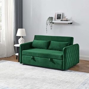 Antetek Sleeper Sofa Couch with Pullout Bed, 3 in 1 Convertible Loveseat Futon Sofa Couch, Small Love seat Lounge Chaise Arm Sofa with Reclining Backrest, Toss Pillow for Living Room, Green, 55"