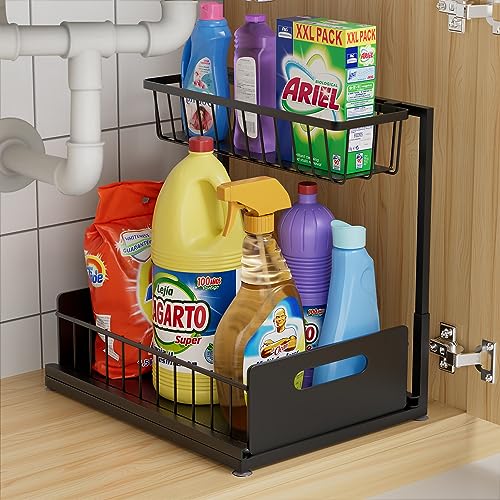 Under Sink Organizer,Pull Out Cabinet Organizer,2-Tier Under Kitchen Bathroom Sink Organizers and Storage,Multi-purpose Under sink Storage for Kitchen Bathroom Cabinet,Black