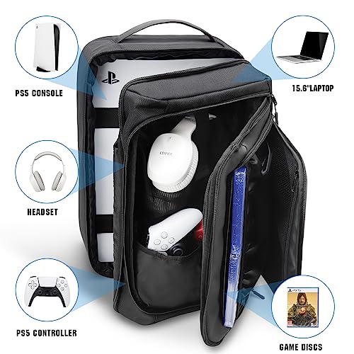 Playstation5 Backpack, Protective Carrying Case Compatible with PS5 Console, Base, 15.6”Laptop, Headset, PS5 Controller, More Game Discs, and Gaming Accessories (Bag Only)