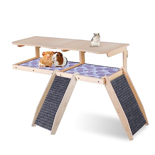 Vehipa Wooden Guinea Pig Hideout, Detachable Guinea Pig Platform with Stairs and Mat, Guinea Pig House for Hamster Bunny and Chinchilla on Cages