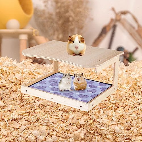 Vehipa Wooden Guinea Pig Hideout, Detachable Guinea Pig Platform with Stairs and Mat, Guinea Pig House for Hamster Bunny and Chinchilla on Cages