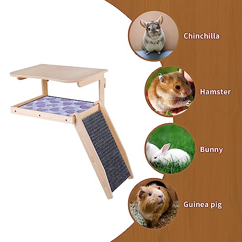 Vehipa Wooden Guinea Pig Hideout, Detachable Guinea Pig Platform with Stairs and Mat, Guinea Pig House for Hamster Bunny and Chinchilla on Cages