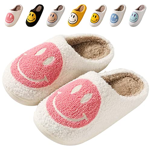 Smiley Face Slippers for Women, Cozy Smiley Slippers Fluffy Retro Preppy Slippers Comfy Happy Face Slippers Soft Slippers for Women