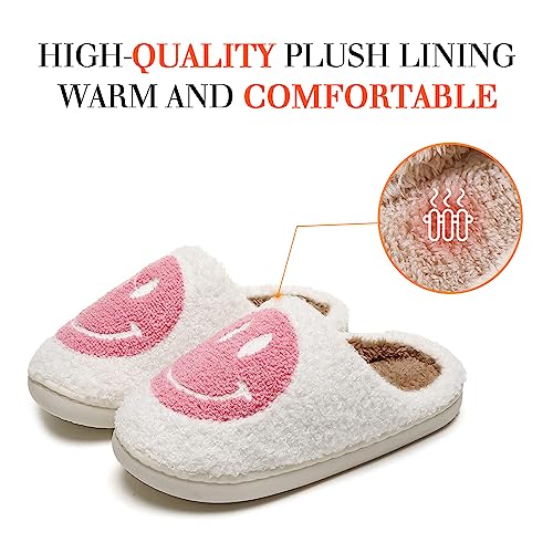 Smiley Face Slippers for Women, Cozy Smiley Slippers Fluffy Retro Preppy Slippers Comfy Happy Face Slippers Soft Slippers for Women