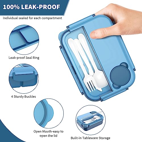 Bento Box, Lunch Box Kids, Bento Lunch Box for Kids/Toddler/Adults, 1300ML-4 Compartment Bento Box Adult Lunch Box w/Food Picks Cake Cups, Built-in Utensil Set, Leak-Proof, Food-Safe Materials(Blue)