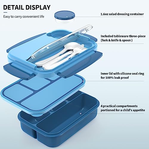 Bento Box, Lunch Box Kids, Bento Lunch Box for Kids/Toddler/Adults, 1300ML-4 Compartment Bento Box Adult Lunch Box w/Food Picks Cake Cups, Built-in Utensil Set, Leak-Proof, Food-Safe Materials(Blue)