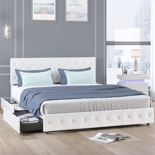 Mjkone Upholstered Platform Bed Frame with 4 Storage Drawers, PU Leather Modern Bed Frame with Adjustable Headboard, No Box Spring Needed/Easy Assembly (White, California King)