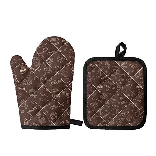 JoyLamoria Coffee Bread Oven Mitts Pot Cover Pad Printed Cook Oven Gloves Decorative Pot Pad Oven Mitt Organizer for BBQ Baking