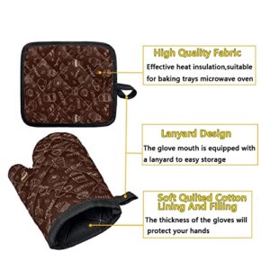 JoyLamoria Coffee Bread Oven Mitts Pot Cover Pad Printed Cook Oven Gloves Decorative Pot Pad Oven Mitt Organizer for BBQ Baking