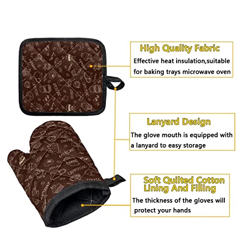 JoyLamoria Coffee Bread Oven Mitts Pot Cover Pad Printed Cook Oven Gloves Decorative Pot Pad Oven Mitt Organizer for BBQ Baking