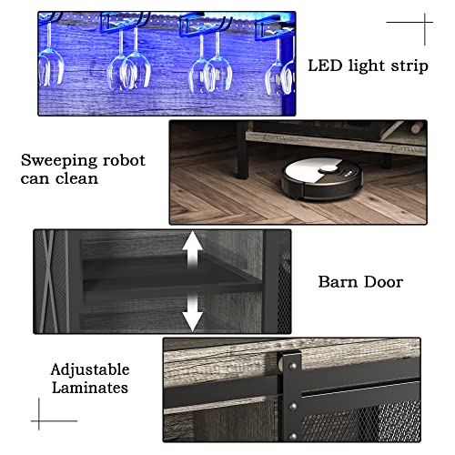 QNICE 71" LED Lights Industrial Bar Cabinet/Dining Room Hutch with Sliding Barn Door/Freestanding Liquor Pantry with Wine Rack/Rustic Oak