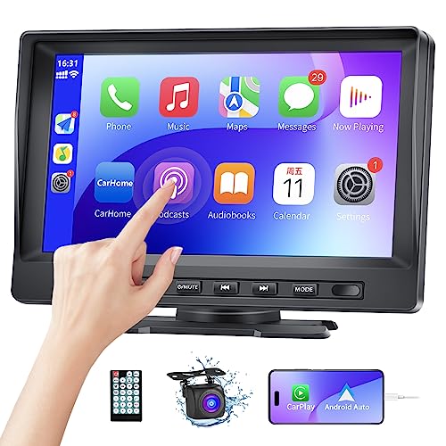 Portable Car Stereo for Apple Carplay Wireless Android Auto, Bluetooth Carplay Screen, 7 Inch IPS Touch Screen Car Radio with Backup Camera, Support Bluetooth Handsfree, Mirror Link, FM/AUX/USB/TF