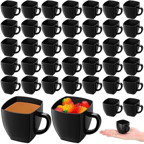 Amyhill 100 Pcs 2 oz Disposable Tea Cups Mini Plastic Tea Cup Bulk with Handle Hard Plastic Coffee Mug Disposable Square Espresso Mug for Tea Party Catering (Black)