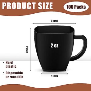 Amyhill 100 Pcs 2 oz Disposable Tea Cups Mini Plastic Tea Cup Bulk with Handle Hard Plastic Coffee Mug Disposable Square Espresso Mug for Tea Party Catering (Black)