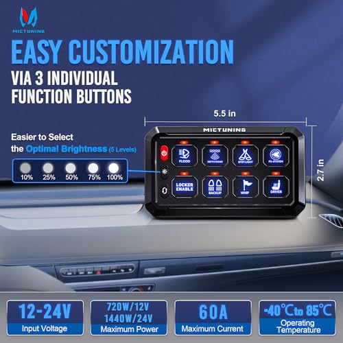 MICTUNING 8 Gang Switch Panel P1S-B08 Blue 5.5Inch Multifunction Toggle/Touch Momentary Pulsed Circuit Control Box for Camper RV ATV SUV UTV Truck Car Marine, 2 Years Warranty