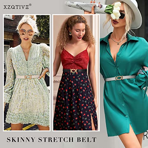 XZQTIVE 2 Pack Women Skinny Belt for Dresses Stretch Waist Belt Elastic Ladies Thin Belt with Gold Metal Buckle (Black+white, Fit Waist 27-32 inch)