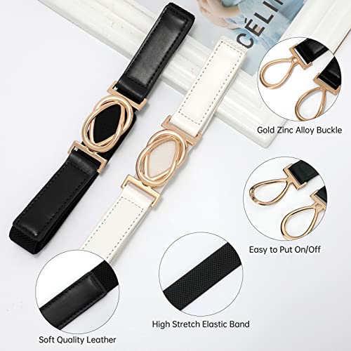 XZQTIVE 2 Pack Women Skinny Belt for Dresses Stretch Waist Belt Elastic Ladies Thin Belt with Gold Metal Buckle (Black+white, Fit Waist 27-32 inch)