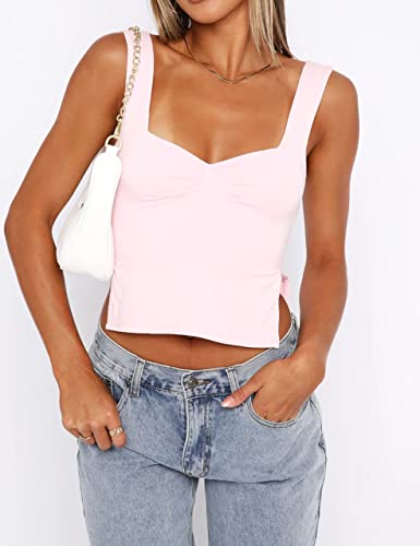 Lauweion Women Sleeveless Y2K Skinny Crop Tank Tops Strappy Ruched Sweetheart Neck Backless Slits Bustier Top Pink