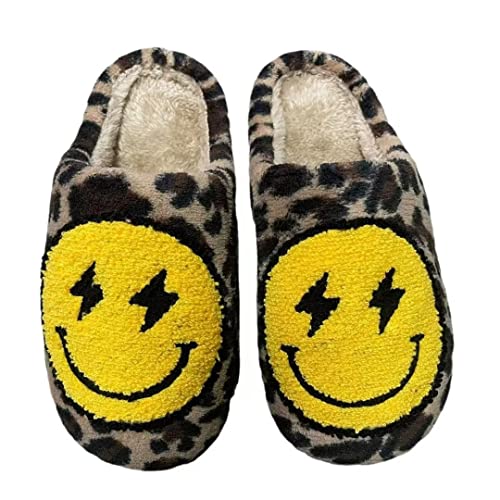 Women's Men's Bad Cute Bunny Slippers Happy Screw Lightning Smiley Face Slippers Retro Leopard Print Smiley Face Memory Foam Soft Plush Slippers Warm Anti-Slip Home Shoes A-Leopard Flash 41-42