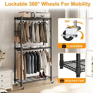 Tophorse T1 Heavy Duty Rolling Clothes Rack, Double Rods Clothing Rack for Hanging Clothes, Adjustable Metal Wire Garment Rack with Lockable Wheels & Side Hooks, Portable Closet Wardrobe Storage.