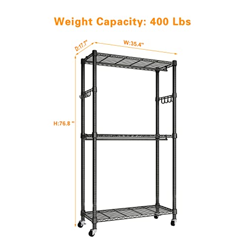 Tophorse T1 Heavy Duty Rolling Clothes Rack, Double Rods Clothing Rack for Hanging Clothes, Adjustable Metal Wire Garment Rack with Lockable Wheels & Side Hooks, Portable Closet Wardrobe Storage.