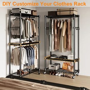 Tophorse T1 Heavy Duty Rolling Clothes Rack, Double Rods Clothing Rack for Hanging Clothes, Adjustable Metal Wire Garment Rack with Lockable Wheels & Side Hooks, Portable Closet Wardrobe Storage.