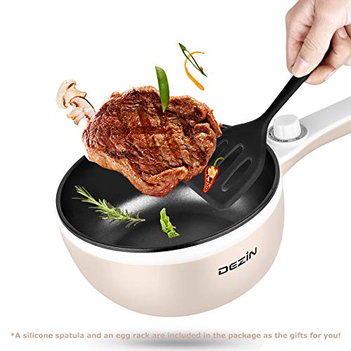 Dezin Hot Pot Electric with Steamer Upgraded, Non-Stick Sauté Pan, Rapid Noodles Electric Pot, 1.5L Mini Pot for Steak, Egg, Fried Rice, Ramen, Oatmeal, Soup with Power Adjustment (Egg Rack Included)