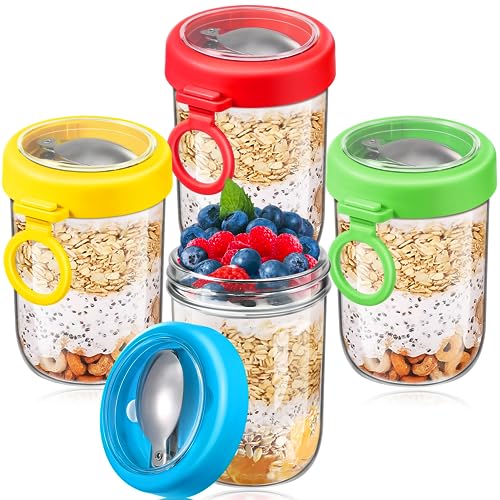 RTWDKFQ 4 Pack overnight oats containers with lids and Spoons,16-Oz Glass Mason Jars oatmeal container, Leak-proof meal prep jars for Milk, Vegetable, and Fruit Salad Storage