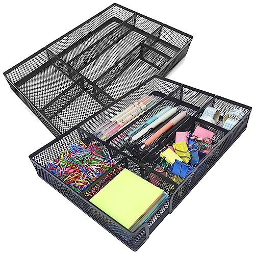 ROSROSE Desk Drawer Organizer Tray, Metal Mesh Drawer Organizer Office w/6 Compartment, Multi-use Desk Organizer Tray Storage for Home Office School Supply, Desktop, 12.6 x 8.7 x1.8in, Black-2 Pack