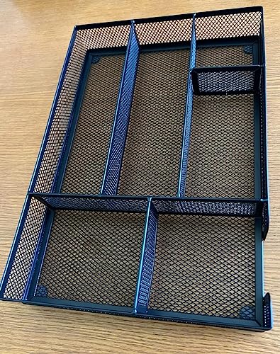 ROSROSE Desk Drawer Organizer Tray, Metal Mesh Drawer Organizer Office w/6 Compartment, Multi-use Desk Organizer Tray Storage for Home Office School Supply, Desktop, 12.6 x 8.7 x1.8in, Black-2 Pack