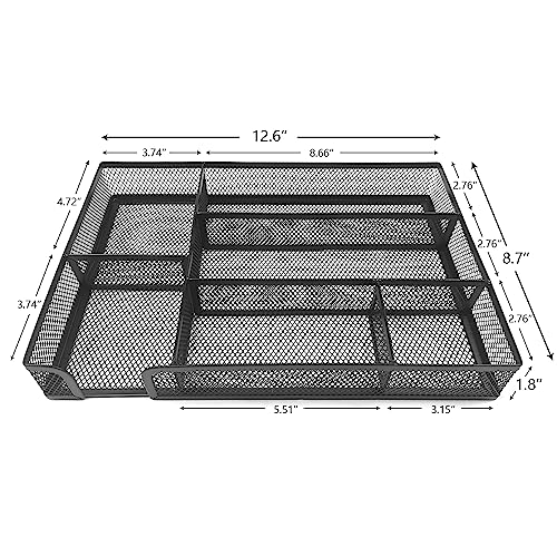 ROSROSE Desk Drawer Organizer Tray, Metal Mesh Drawer Organizer Office w/6 Compartment, Multi-use Desk Organizer Tray Storage for Home Office School Supply, Desktop, 12.6 x 8.7 x1.8in, Black-2 Pack