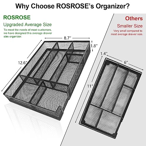 ROSROSE Desk Drawer Organizer Tray, Metal Mesh Drawer Organizer Office w/6 Compartment, Multi-use Desk Organizer Tray Storage for Home Office School Supply, Desktop, 12.6 x 8.7 x1.8in, Black-2 Pack