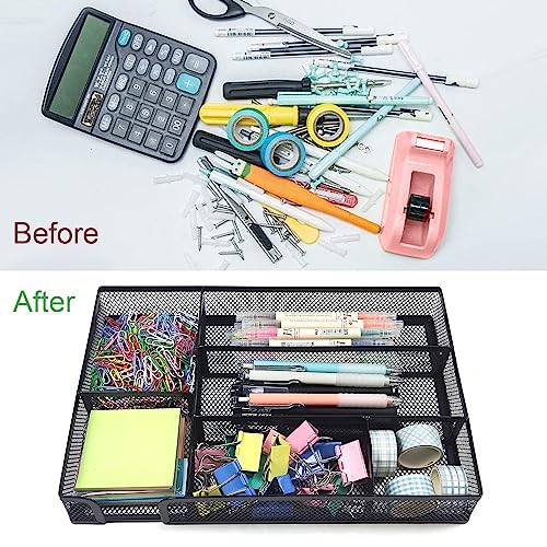 ROSROSE Desk Drawer Organizer Tray, Metal Mesh Drawer Organizer Office w/6 Compartment, Multi-use Desk Organizer Tray Storage for Home Office School Supply, Desktop, 12.6 x 8.7 x1.8in, Black-2 Pack