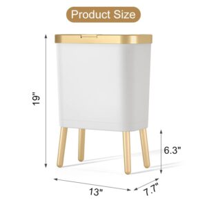 Huaqinglian 4Gallon Bathroom Trash Can with Lid, Small Kitchen Garbage Can,Slim Bedroom Trash bin Wastebasket Plastic for Office/Toilet/Living Room（White with Gold Edge）