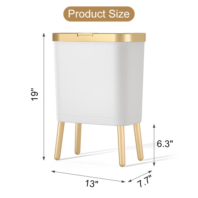 Huaqinglian 4Gallon Bathroom Trash Can with Lid, Small Kitchen Garbage Can,Slim Bedroom Trash bin Wastebasket Plastic for Office/Toilet/Living Room（White with Gold Edge）