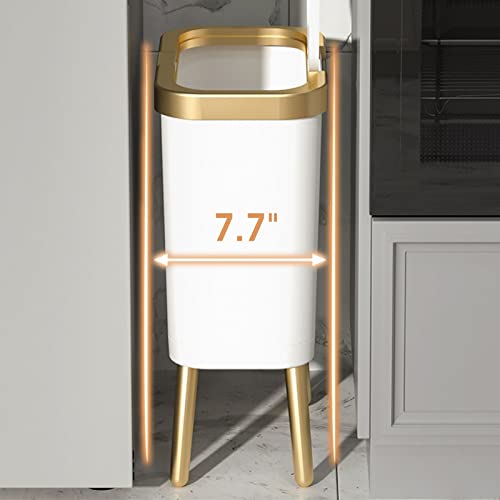 Huaqinglian 4Gallon Bathroom Trash Can with Lid, Small Kitchen Garbage Can,Slim Bedroom Trash bin Wastebasket Plastic for Office/Toilet/Living Room（White with Gold Edge）