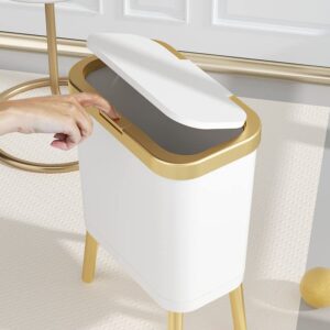 Huaqinglian 4Gallon Bathroom Trash Can with Lid, Small Kitchen Garbage Can,Slim Bedroom Trash bin Wastebasket Plastic for Office/Toilet/Living Room（White with Gold Edge）