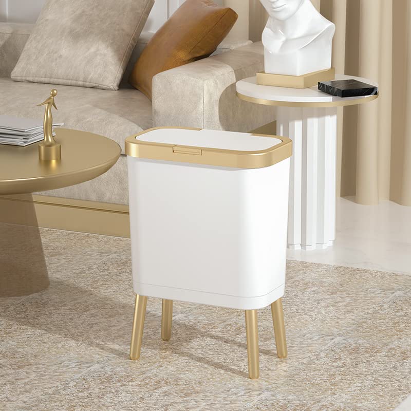 Huaqinglian 4Gallon Bathroom Trash Can with Lid, Small Kitchen Garbage Can,Slim Bedroom Trash bin Wastebasket Plastic for Office/Toilet/Living Room（White with Gold Edge）