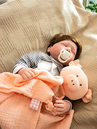 Ickles Pig Baby Lovey Security Blanket Organic Cozy Soft Muslin 100% Cotton Blanket for Girls and Boys Unisex Animal Design Warm Peach Lightweight Easy Care