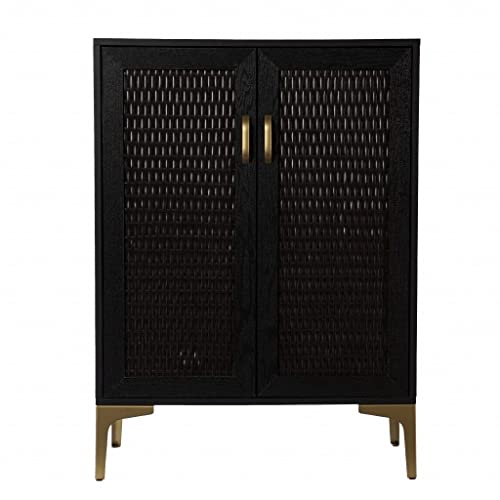 Modern Rustic Black Gold and Rattan Bar Cabinet Transitional Wood Finish