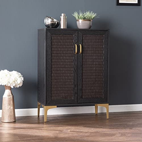 Modern Rustic Black Gold and Rattan Bar Cabinet Transitional Wood Finish