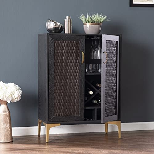 Modern Rustic Black Gold and Rattan Bar Cabinet Transitional Wood Finish