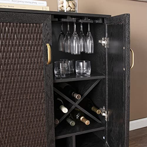 Modern Rustic Black Gold and Rattan Bar Cabinet Transitional Wood Finish