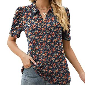 LOMON Womens Collared Shirts Puff Sleeve Polo Shirts Short Sleeve Summer Work Tops Navy Blue Floral XL