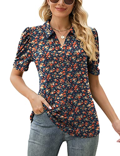 LOMON Womens Collared Shirts Puff Sleeve Polo Shirts Short Sleeve Summer Work Tops Navy Blue Floral XL