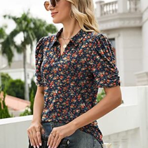 LOMON Womens Collared Shirts Puff Sleeve Polo Shirts Short Sleeve Summer Work Tops Navy Blue Floral XL