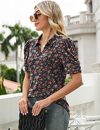 LOMON Womens Collared Shirts Puff Sleeve Polo Shirts Short Sleeve Summer Work Tops Navy Blue Floral XL